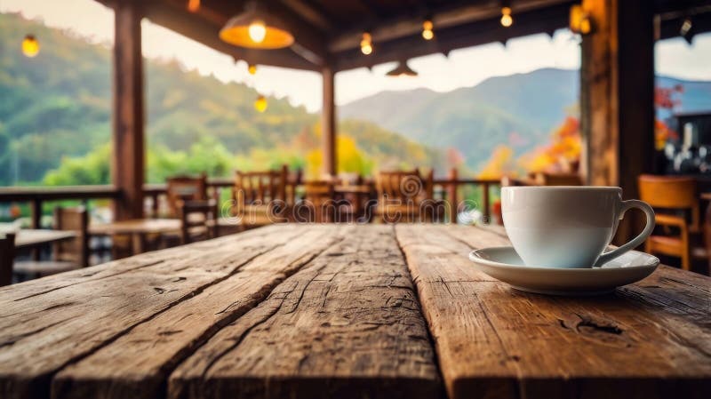 Enjoying a Cup of Coffee on a Rustic Wooden Table in a Mountain Cafe ...