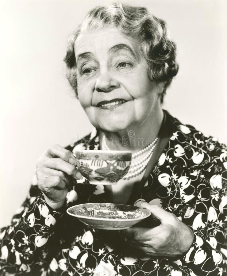 Charming Old Lady with a Cup of Tea Stock Image - Image of portrait ...