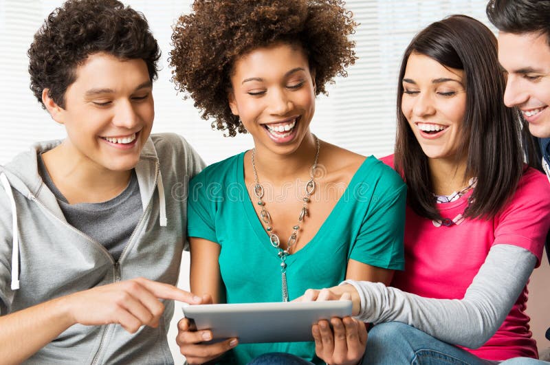 Group People with Tablet Computer at Cafe. Stock Photo - Image of life ...
