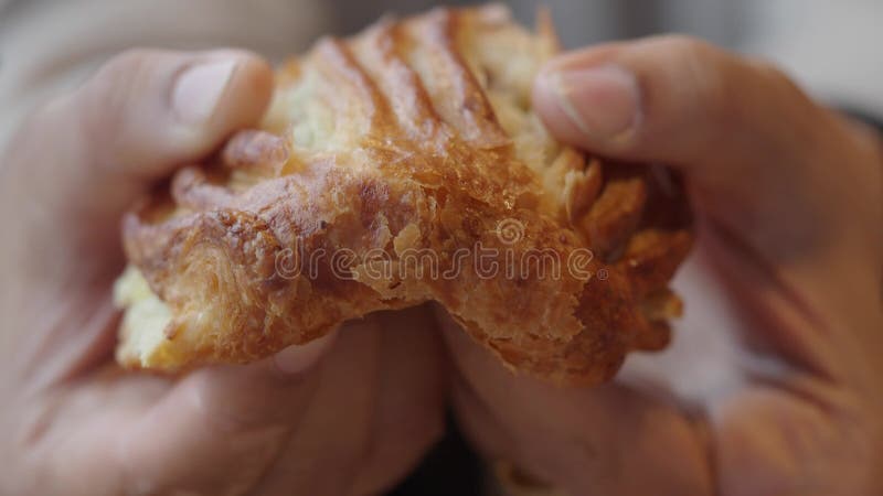 Enjoying a Flaky Pastry in a Cozy Cafe Setting Stock Video - Video of ...