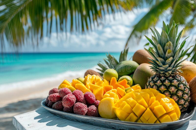 Enjoying Fresh, Sliced Mango and Pineapple on a Tropical Beach Stock ...
