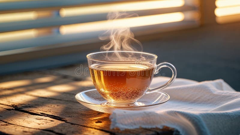 Enjoying Morning Tea Glass Cup with Sunlight through Window Blinds ...