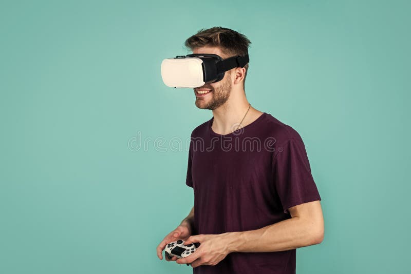 Enjoying New Reality. Male in Wireless Headset. Guy Use Modern ...