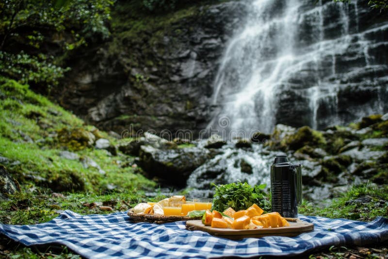 Enjoying a Picnic by a Serene Waterfall Surrounded by Lush Greenery and ...