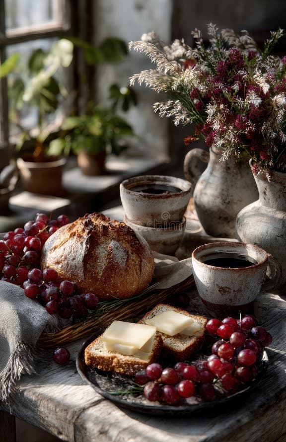 Enjoying Rustic Breakfast with Coffee, Bread, Cheese, and Grapes by the ...