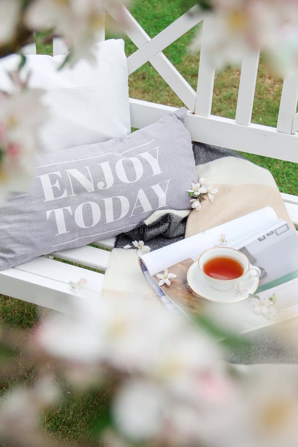 Enjoying Spring Day and Drinking Tea Under a Blooming Apple Tree. Stock ...