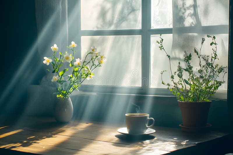Enjoying a Spring Morning with Sun Rays and a Fresh Cup of Coffee Stock ...