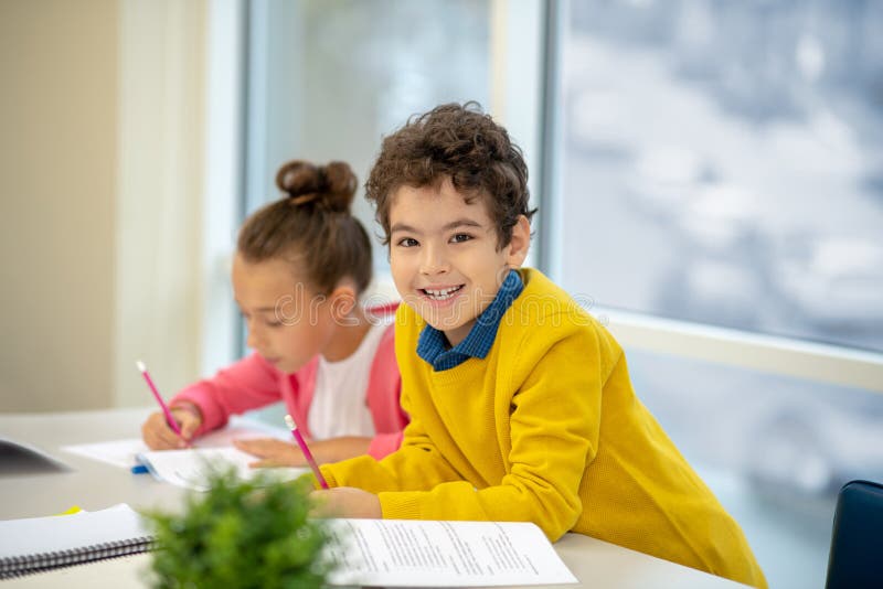 Smiling Schoolboy Working His Assignment Stock Image - Image of ...