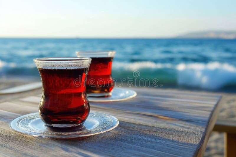 Enjoying Turkish Tea by the Seaside at Sunset Stock Image - Image of ...