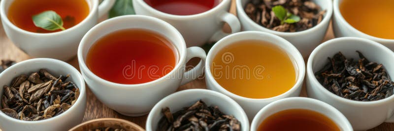 Enjoying a Variety of Herbal and Black Teas in Elegant White Cups on a ...