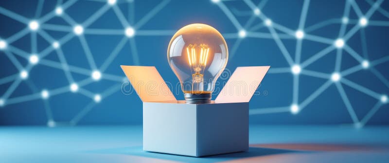 Enlightened Innovation Glowing Light Bulb Emerging from Box on Blue ...