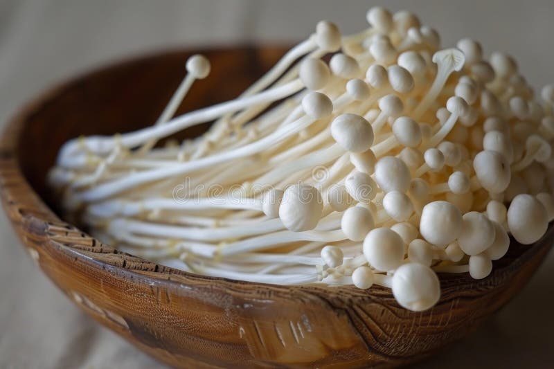 Enoki Mushrooms in a Wooden Bowl Stock Image - Image of generated ...