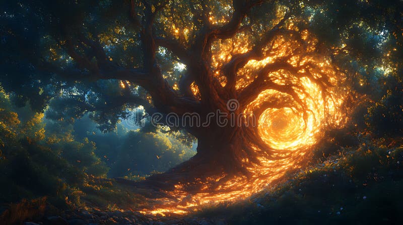 Enormous Ancient Tree with a Fiery, Swirling Vortex in Its Trunk ...