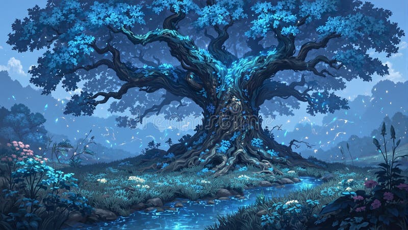 Enormous Ancient Tree with Glowing Blue Leaves in a Tranquil Glade ...