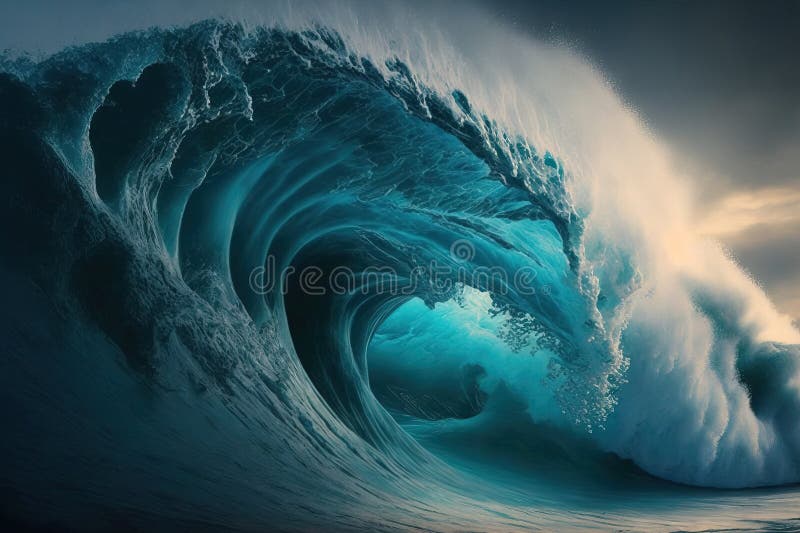 Enormous blue wave crashes stock illustration. Illustration of tropical ...