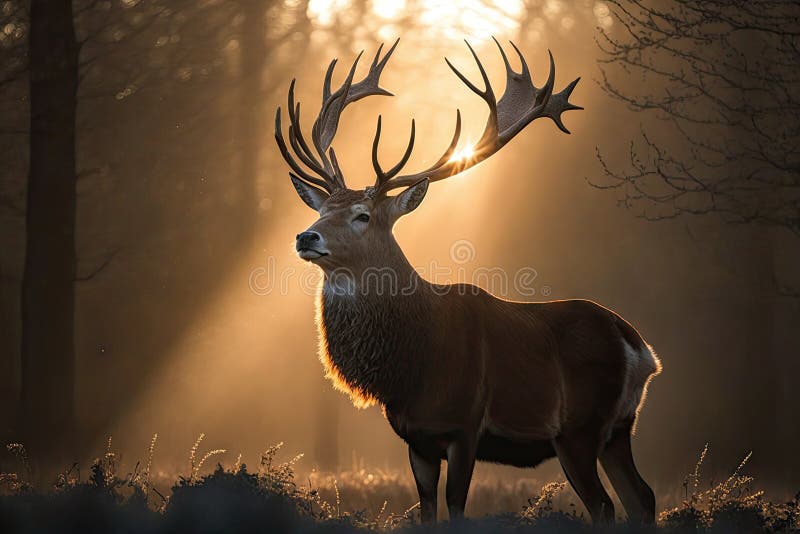 An Enormous Buck With Its Head Raised And Antlers Shining In The Sunlight Stock Image Image Of