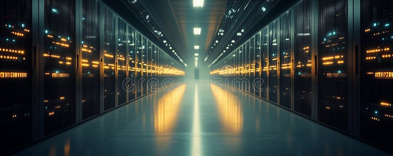 Enormous Data Center with Rows of Servers Illuminated by Bright Lights ...