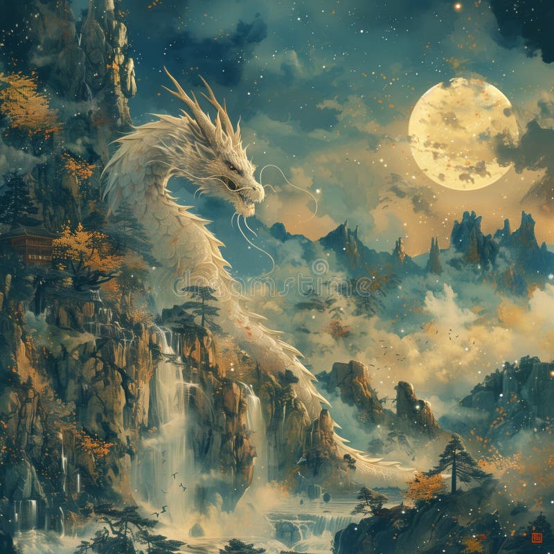 Enormous Dragon Under a Huge Moon in the Sky, AI-generated. Stock Image ...