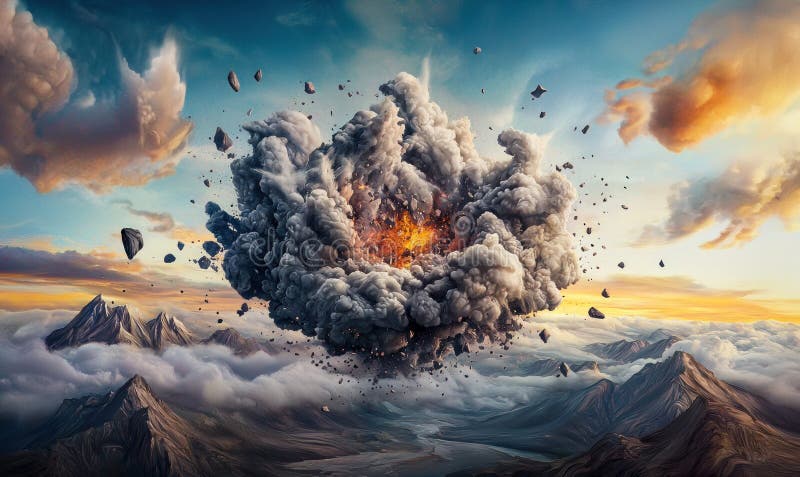 An Enormous Explosion Dominates the Landscape with Mountains and Clouds ...