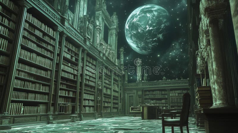 Enormous Library Under a Giant Green Moon at Night Stock Illustration ...