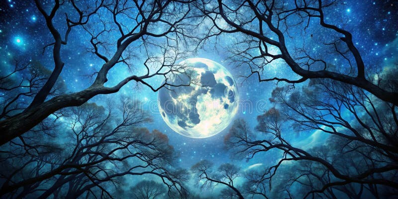 Enormous Moon Glowing Over a Mystical Forest at Night Under a Starry ...
