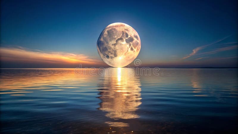 Enormous Moon Rising Over Calm Water at Sunset. Generative AI Stock ...