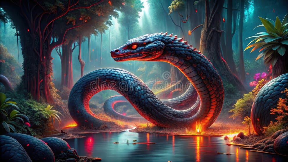 Enormous Serpent Coiled in a Mystical Forest beside a Glowing River ...