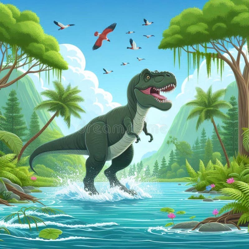 Primal Waters: T-Rex in the Forest’s Flow Stock Illustration ...