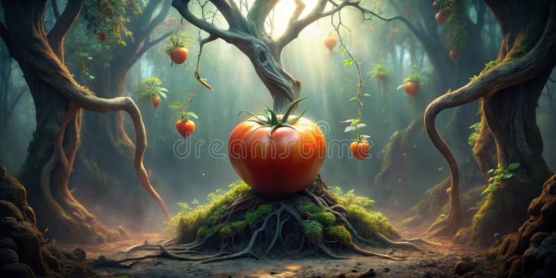 Enormous Tomato Growing on Twisted Tree Roots in Mystical Forest ...
