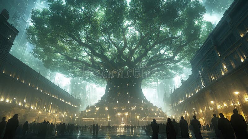 Enormous Tree Dominates a Bustling City Square at Night Stock Photo ...