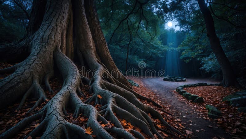 Enormous Tree Roots in Moonlight Forest Path Stock Illustration ...