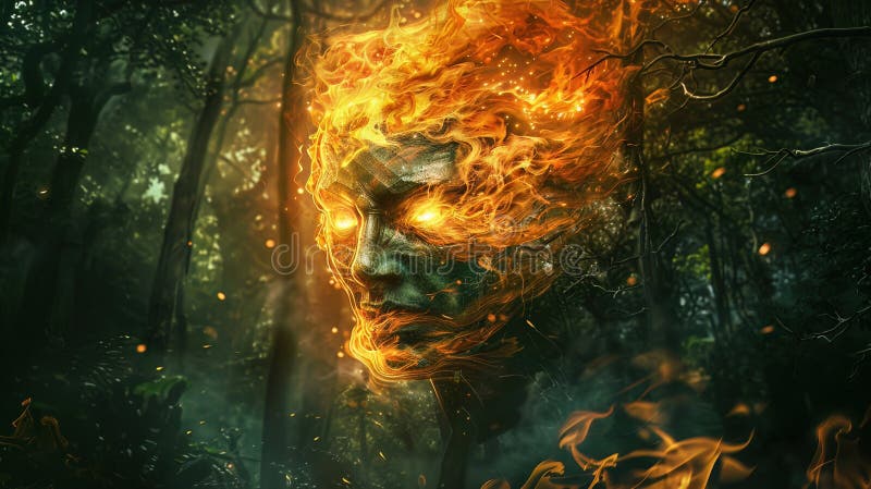 Enraged Elemental Spirit Face Merged with Fire in a Dark Mystical ...