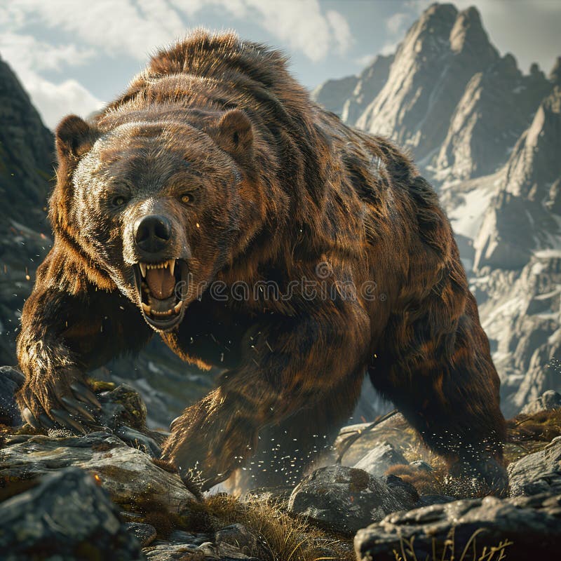 Enraged Grizzly Bear Charging in Mountain Range Stock Illustration ...