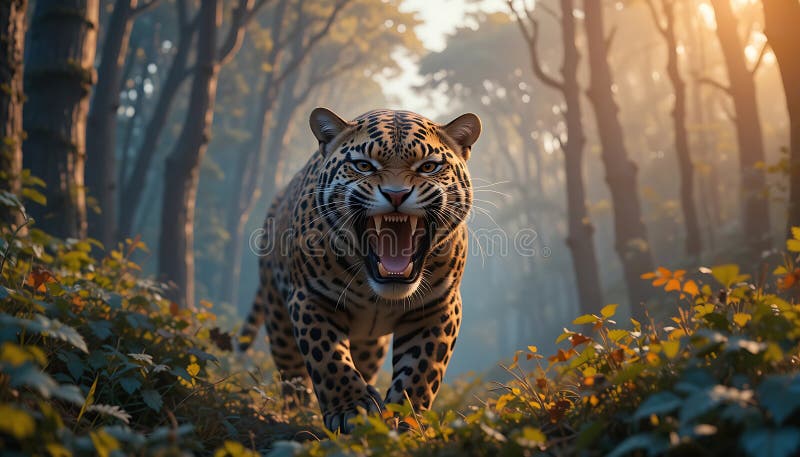 Fierce Leopard Walking Towards Camera in a Forest with Open Mouth ...