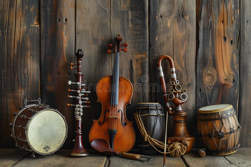 Ensemble of Classical Music Instruments, Woodwind and Drum, on Aged ...