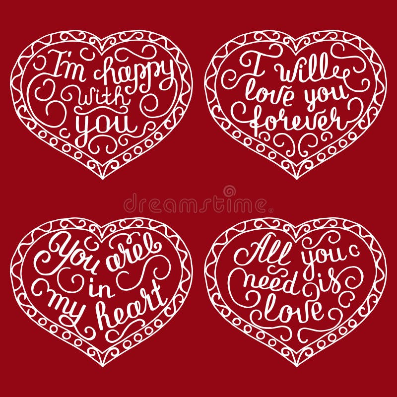 Ensemble De 4 Beaux Coeurs Avec Des Lettres De Calligraphie Sur Le ...