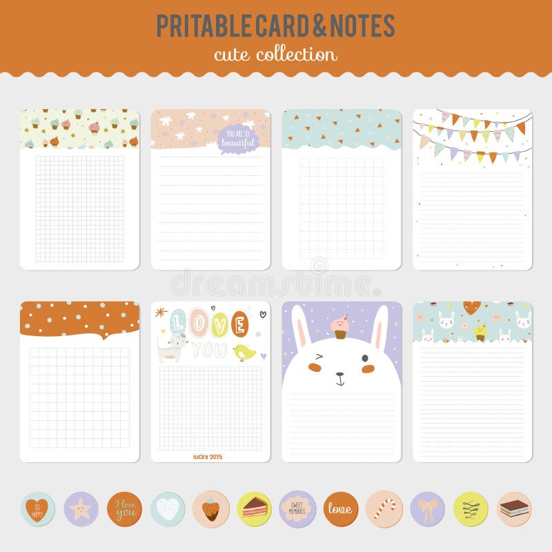 Ensemble De Cartes, De Notes Et D'autocollants Avec Mignon Illustration ...