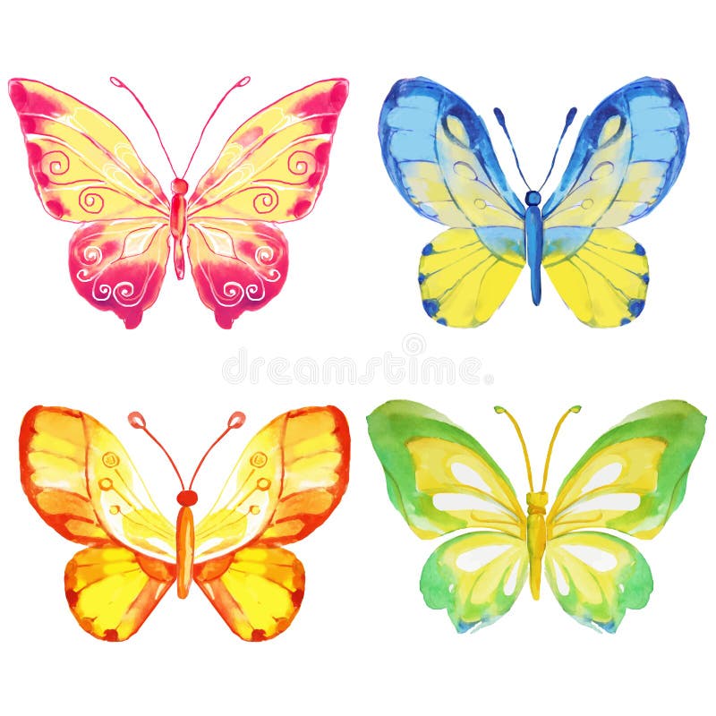 Ensemble De 4 Papillons D'aquarelle Sur Un Fond Blanc Illustration de ...