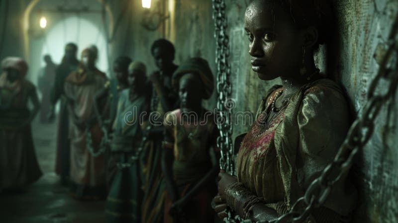 Enslaved People in Chains Inside Dimly Lit Dungeon Stock Illustration ...