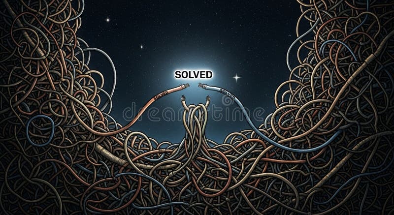 Entangled Cables Reaching for Solution Against Starry Night Stock ...