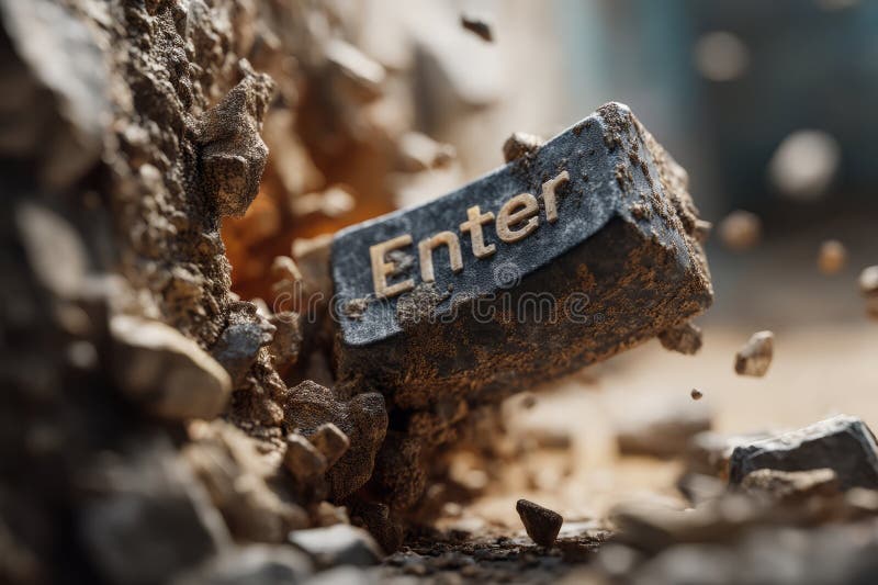 Enter Key Breaking through Concrete with Dust and Debris in a Creative ...