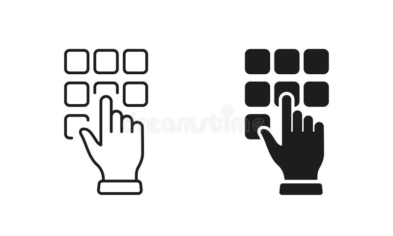 Enter Pin Code on Keypad Line and Silhouette Icon Set. Hand Entering ... Enter Pin Code on Keypad Line and Silhouette Icon Set. Hand Entering ...