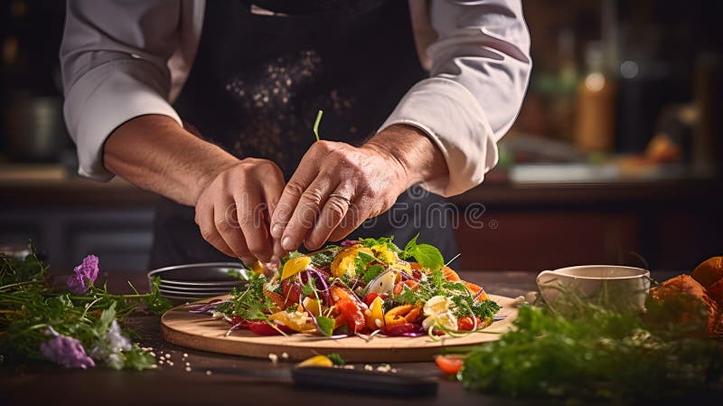 Chef Hands, Cook Crafting Gourmet Dish with Vibrant Fresh Ingredients ...