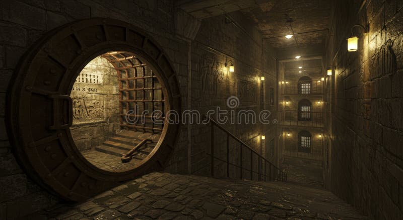 Entering Dark Stone Dungeon with Circular Gate and Dim Light Stock ...