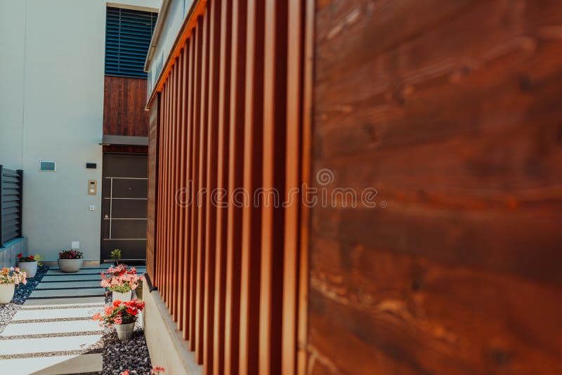 Entering a Modern House with Wooden Details Stock Photo - Image of ...