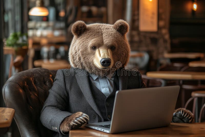 An Enterprising Bear in a Suit Using Laptop in a Modern Cafe Setting ...
