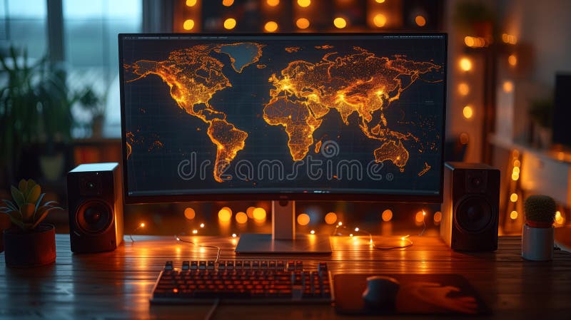 A Display Device with an Artistic World Map on Its Screen Stock Photo ...
