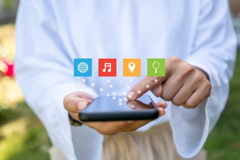 Entertainment Icons Screen on Woman Hand Using Smartphone for Relax ...