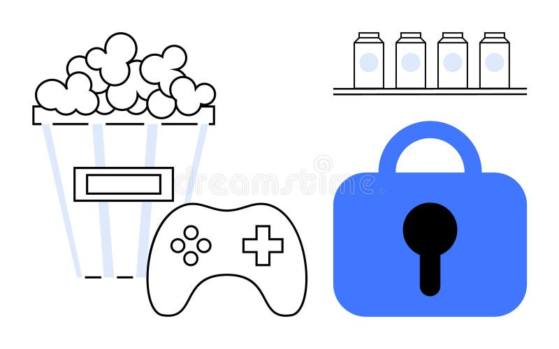 Entertainment and Security Popcorn, Gaming, and Lock Icons with Digital ...