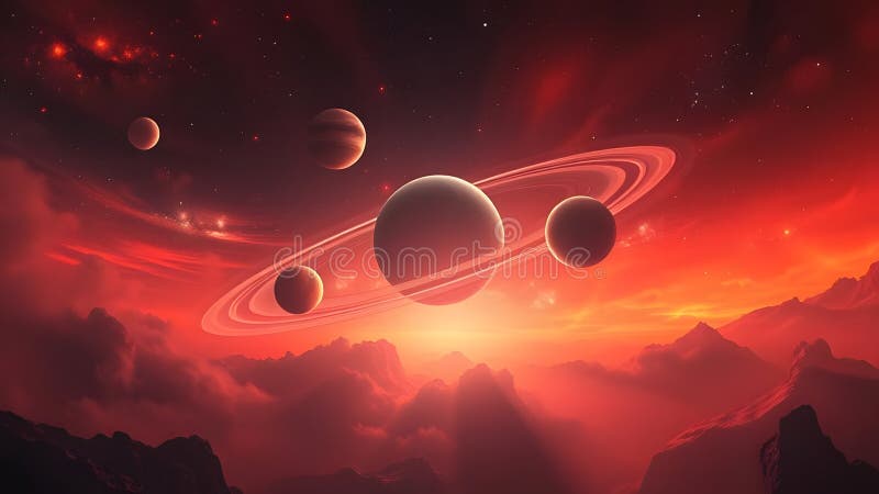 Enthralling Celestial Display Planet Alignment in Fiery Glow Stock ...